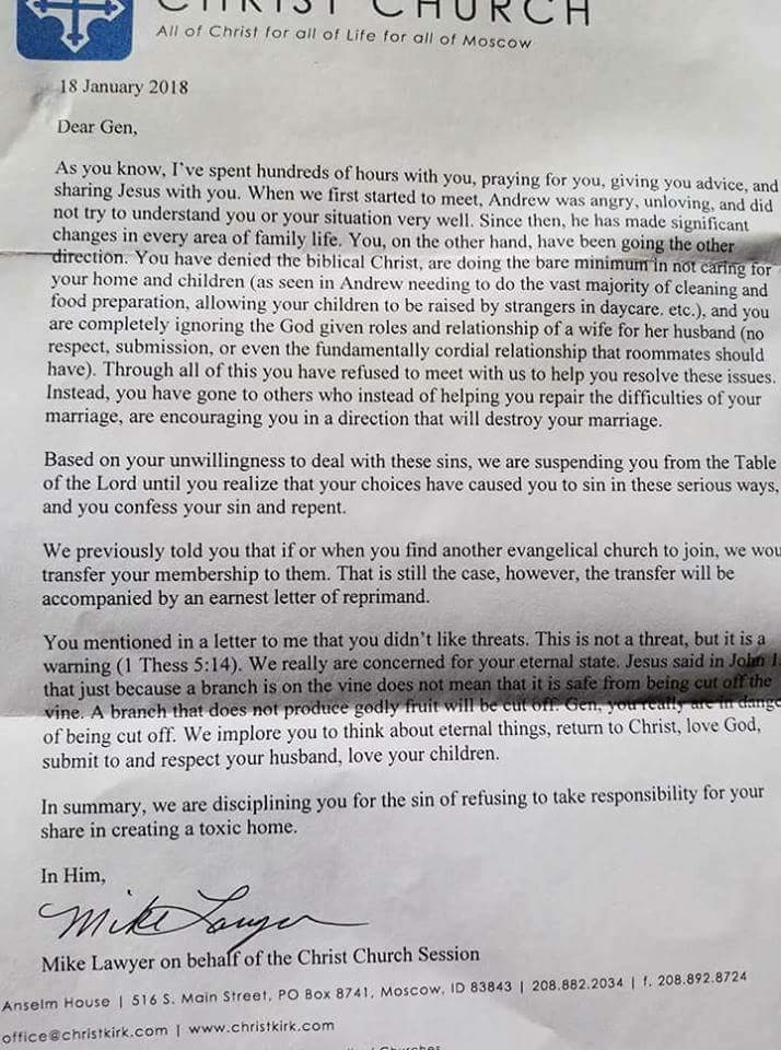 BREAKING: Leaders at Doug Wilson’s Christ Church Put Woman in Abusive ...