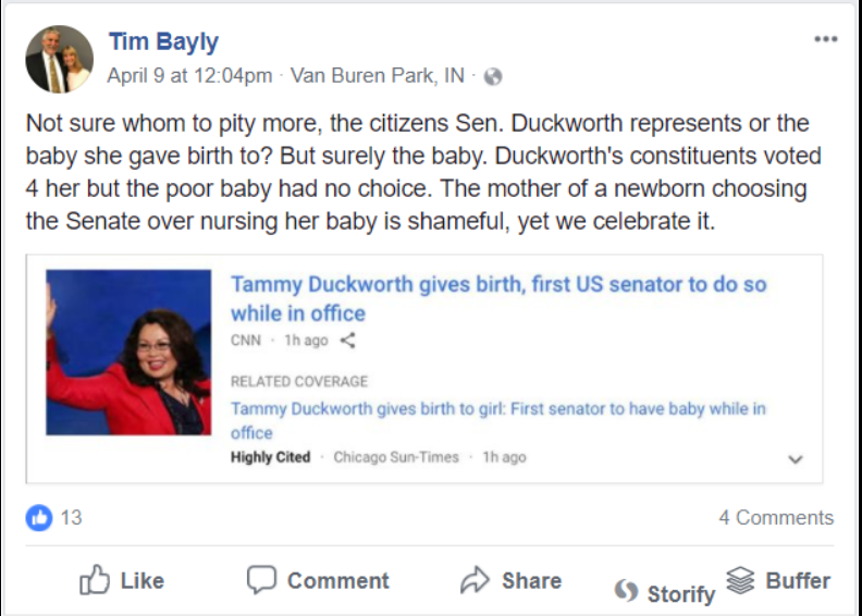 Pastor Tim Bayly Pities Senator Tammy Duckworth’s Newborn Child ...